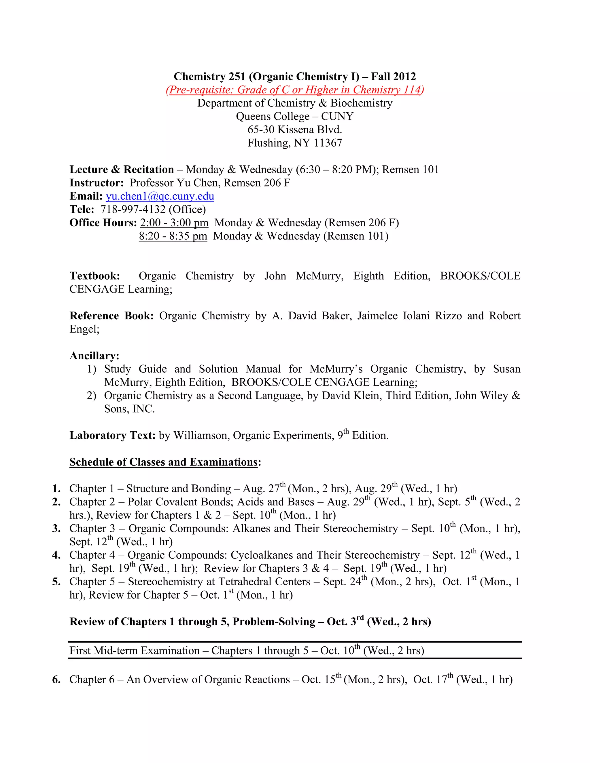 Chem 251 organic chem queens college chemistry 251 syllabus-2012 | PDF