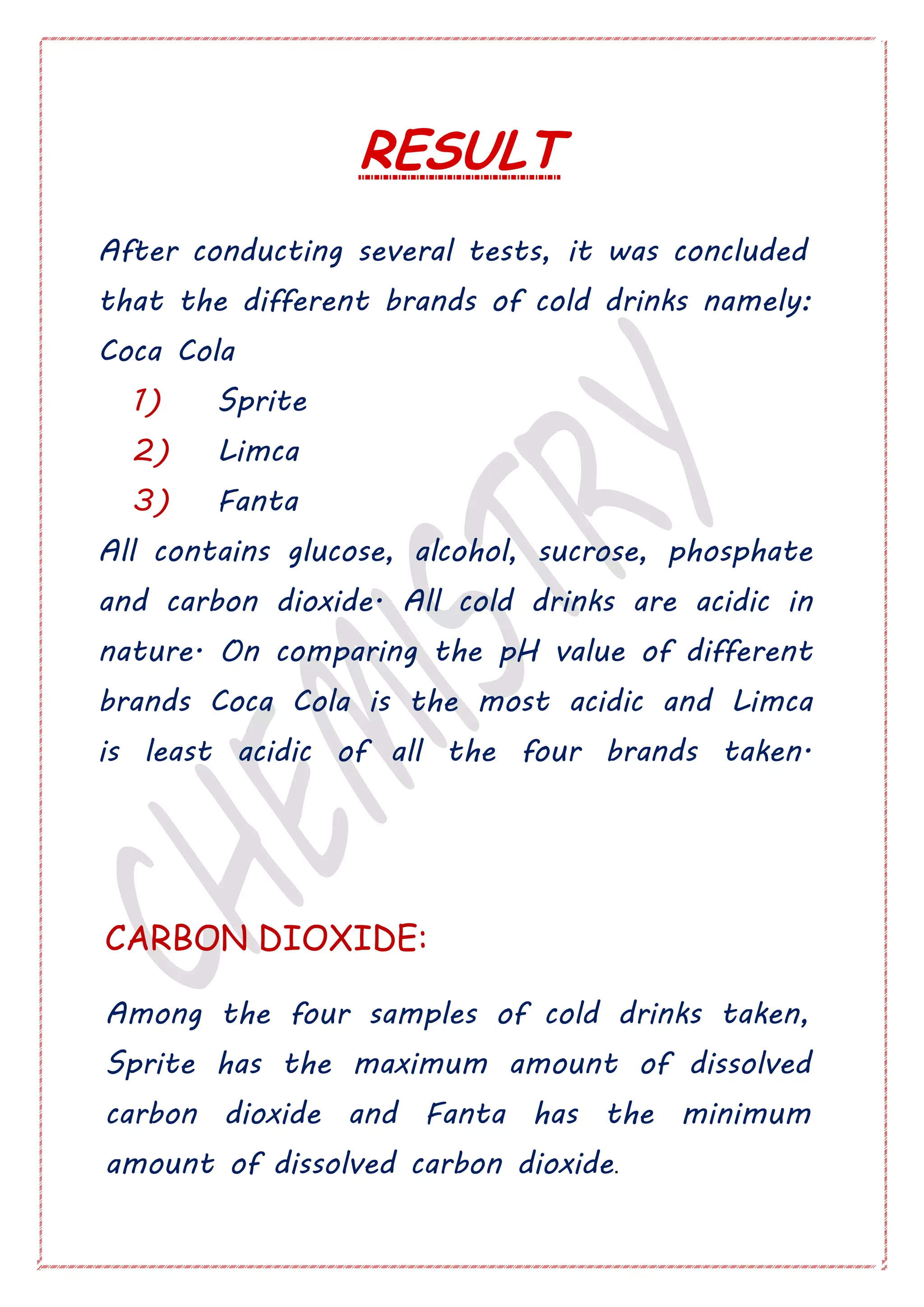 Chemistry Investigatory Project on COLD DRINKS | PDF