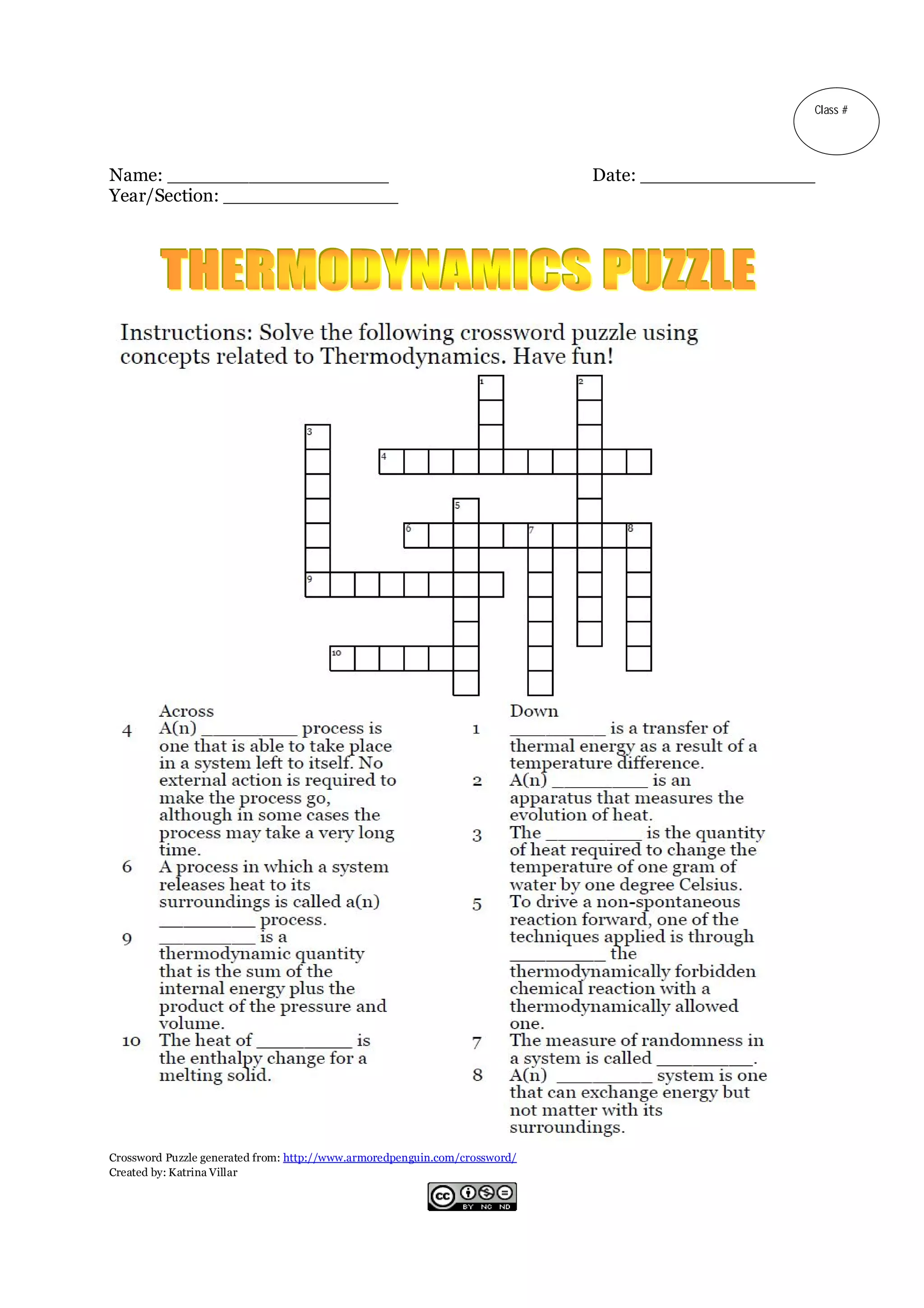 Thermodynamics Crossword | PDF
