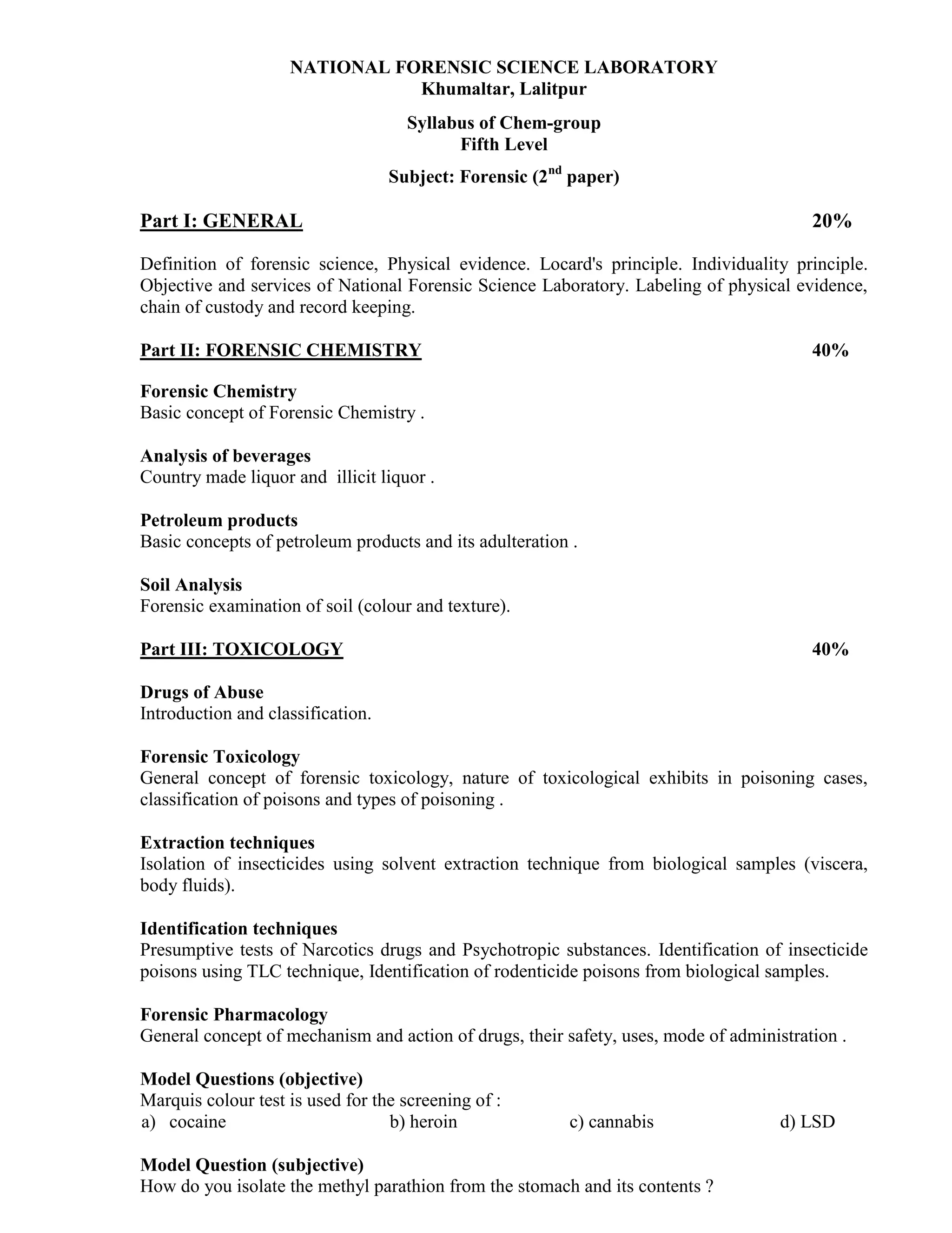 Syllabus for the examination of National Forensic Science Laboratory ...