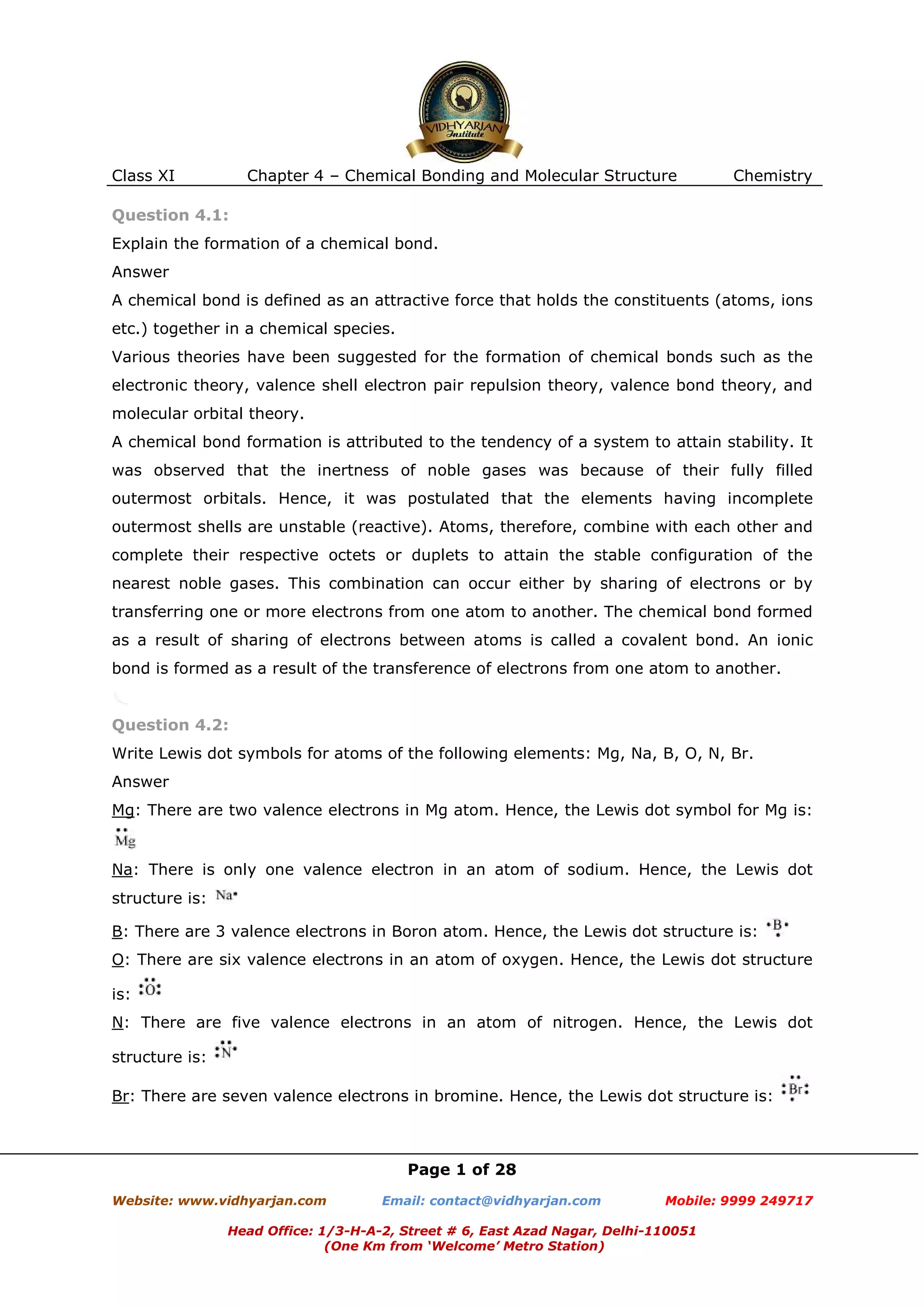 Chemical bonding exercise with solutions | PDF