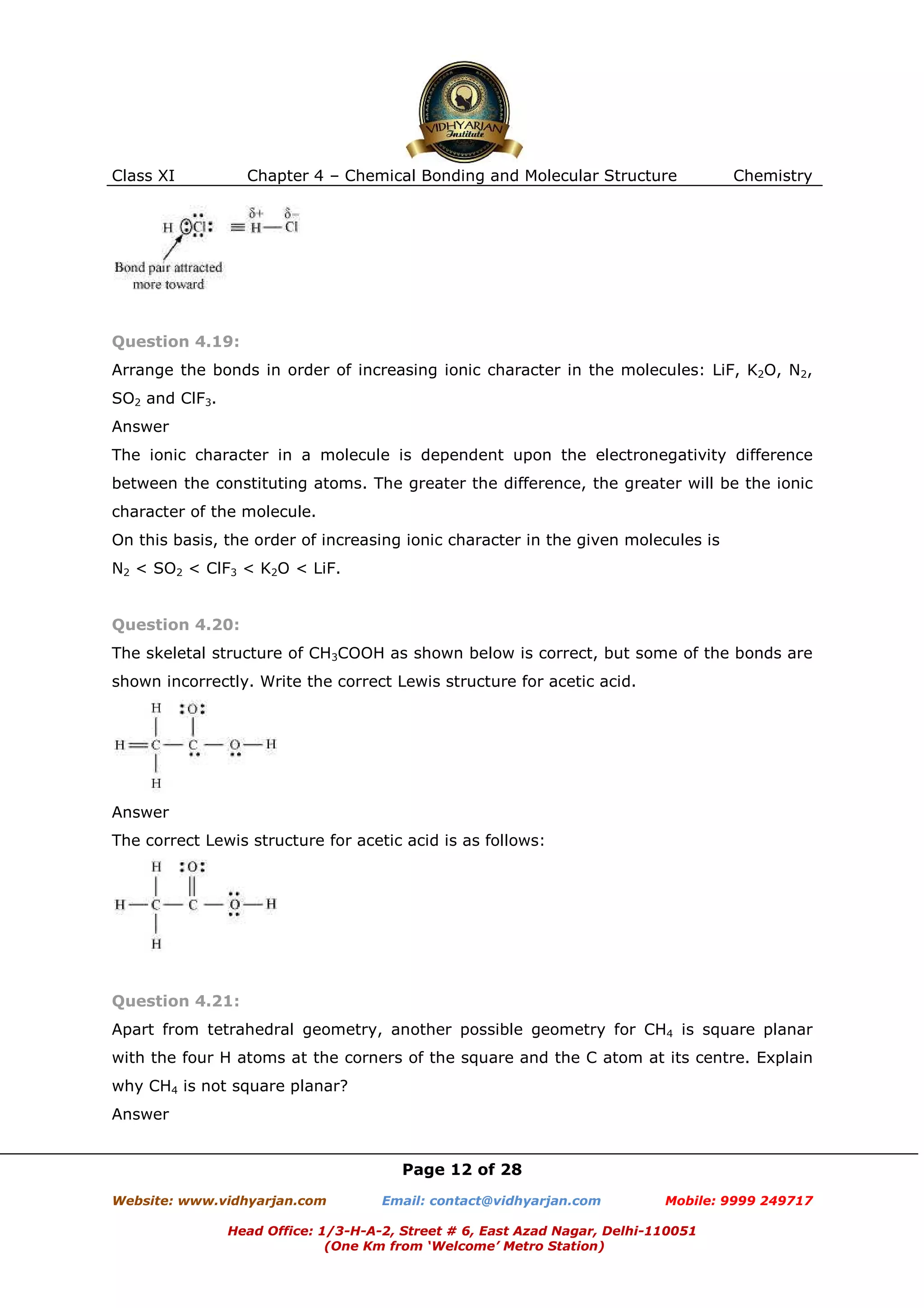 Chemical bonding exercise with solutions | PDF
