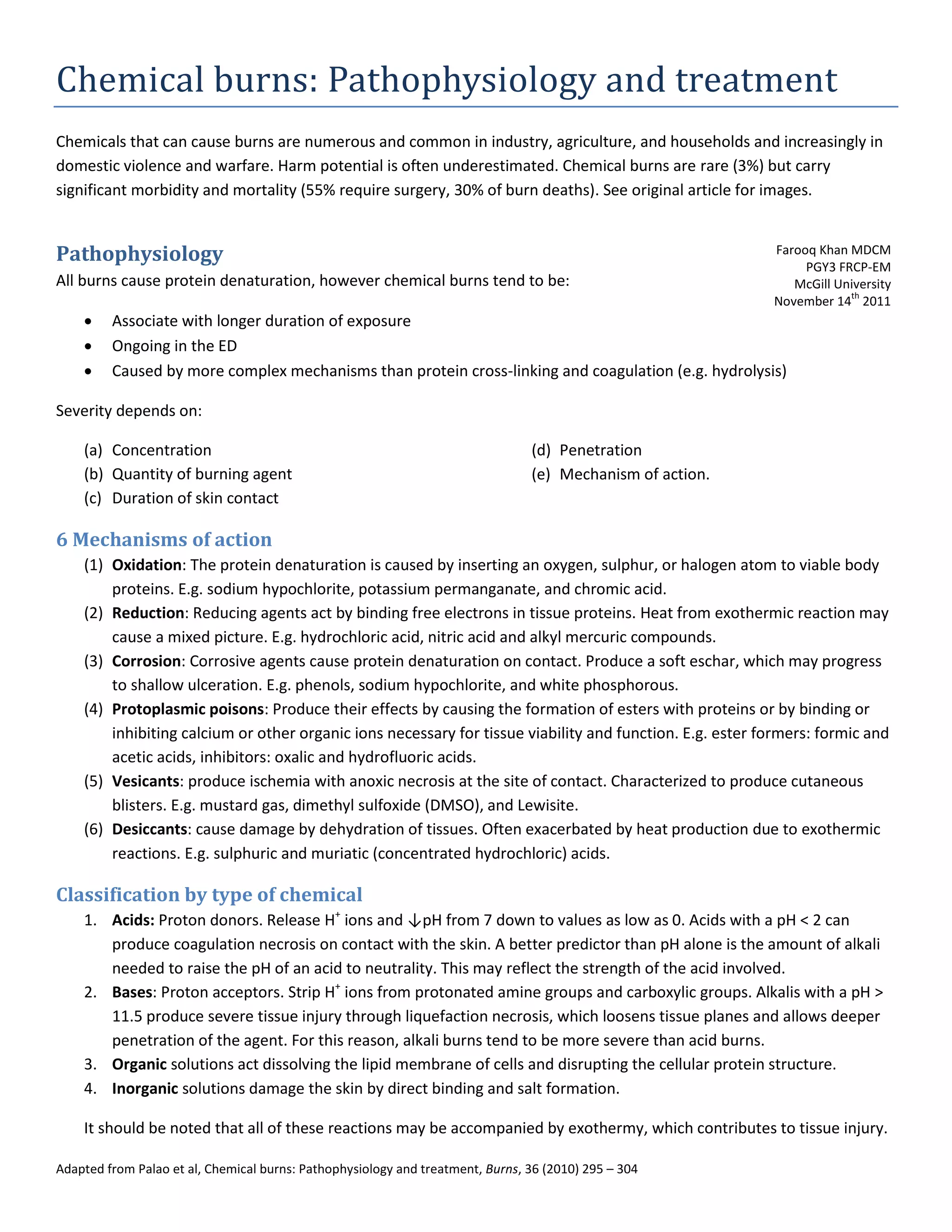 Chemical burns - pathophysiology and treatment - handout | PDF