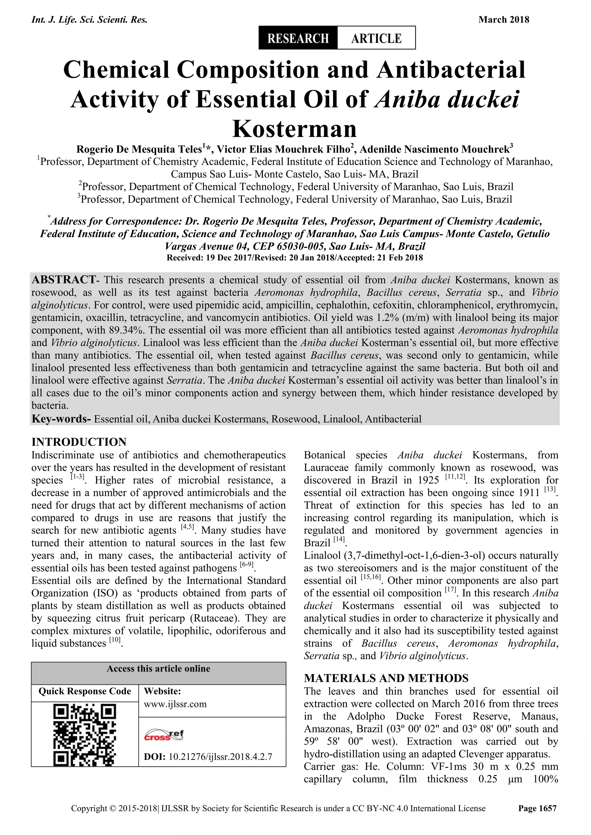 Chemical composition and antibacterial activity of essential oil of aniba duckei kosterman | PDF