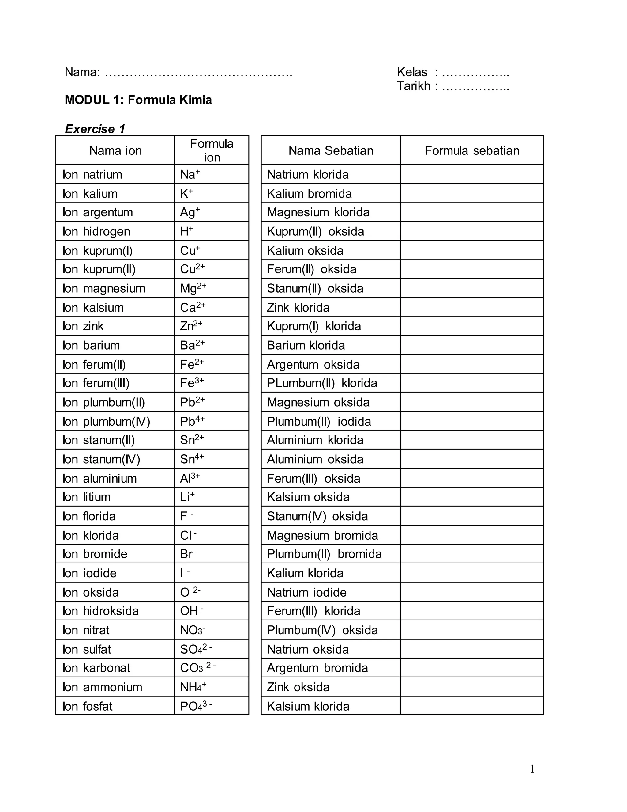 Latihan Formula Ion & Formula Kimia (for students) | DOCX