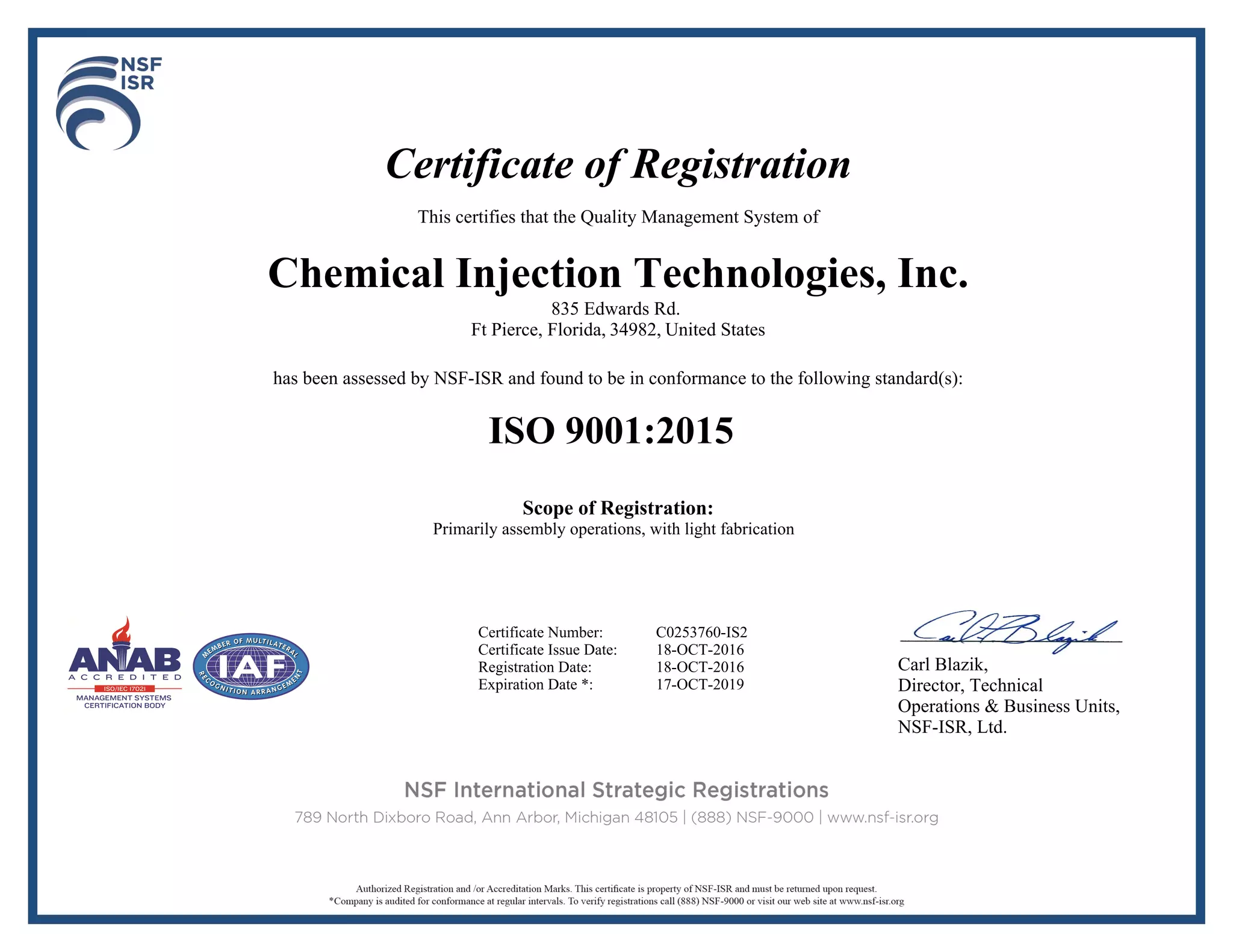 Chemical injection Technologies Is ISO Certified. 9001 2015-Certificate ...