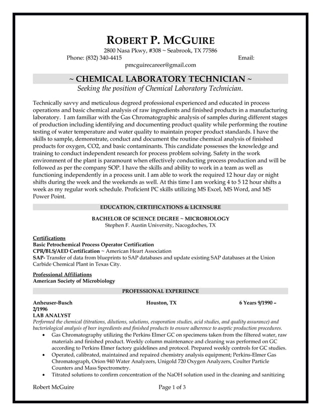 Chemical lab technician resume 6 10-2016 | ODT | Chemistry | Science
