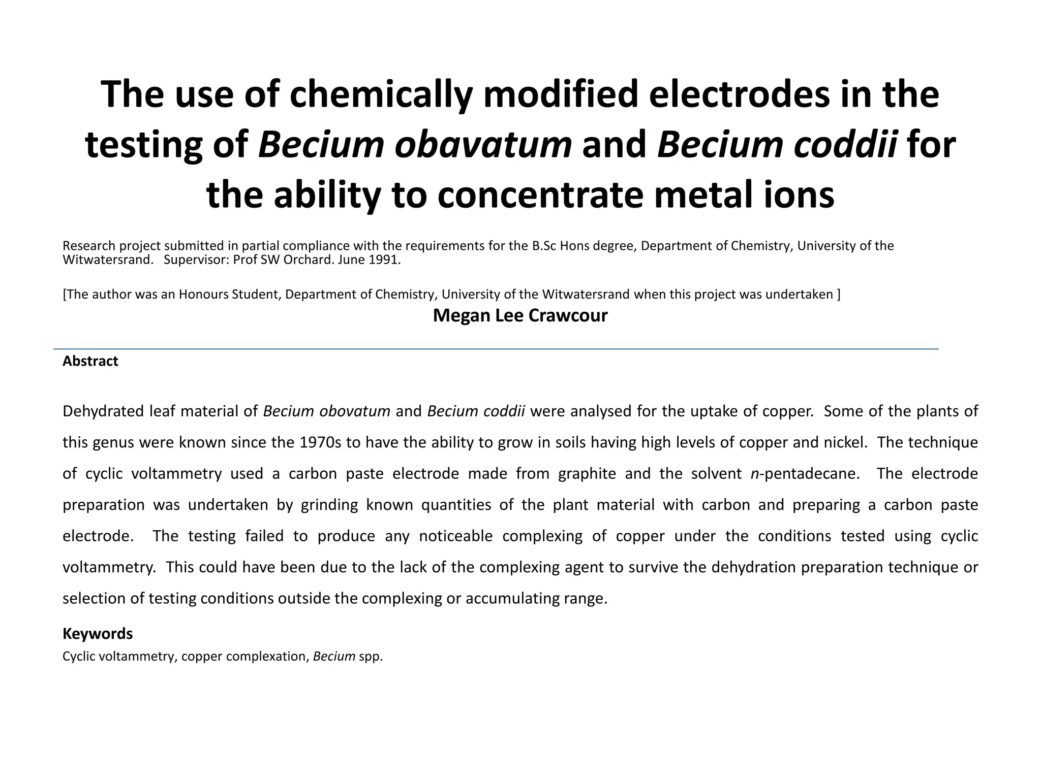 The use of chemically modified electrodes in the testing of two Becium ...