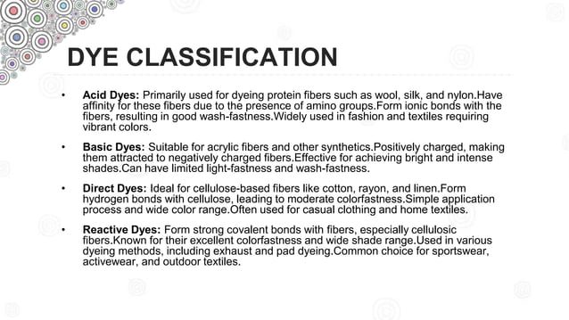 Types of dye and bond between dye and fibre in textile Chemical ...