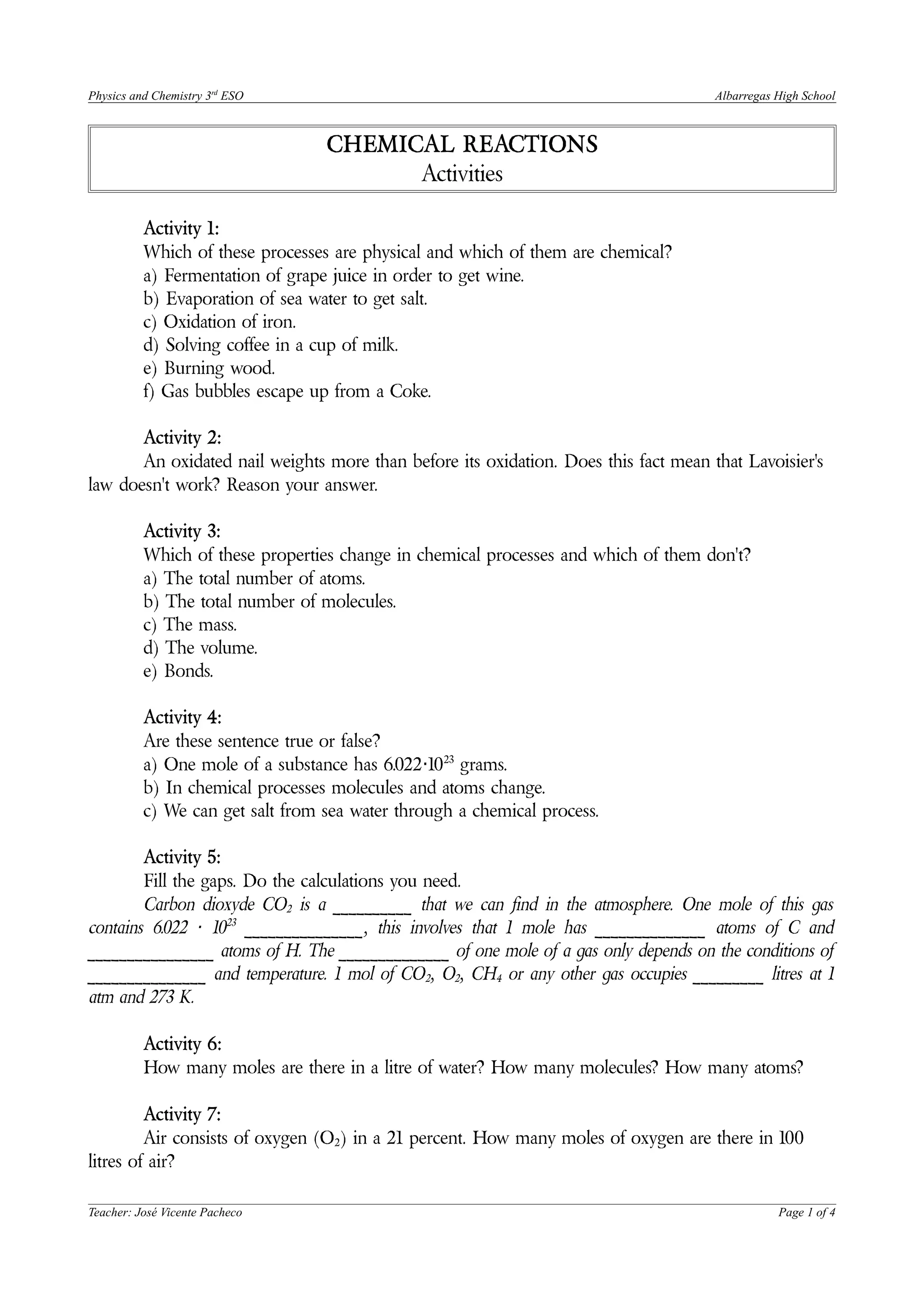 Chemical reaction activities | PDF