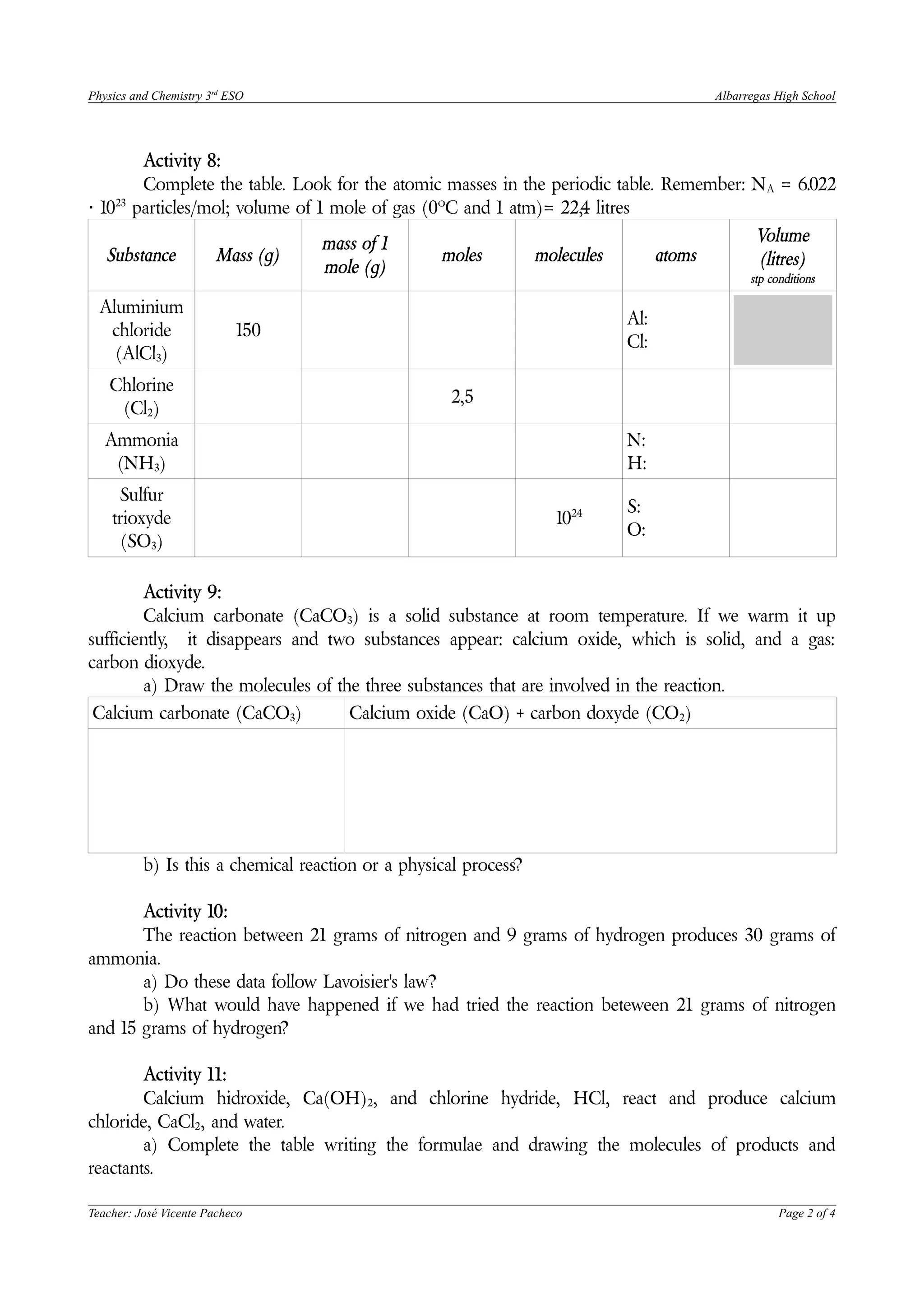 Chemical reaction activities | PDF