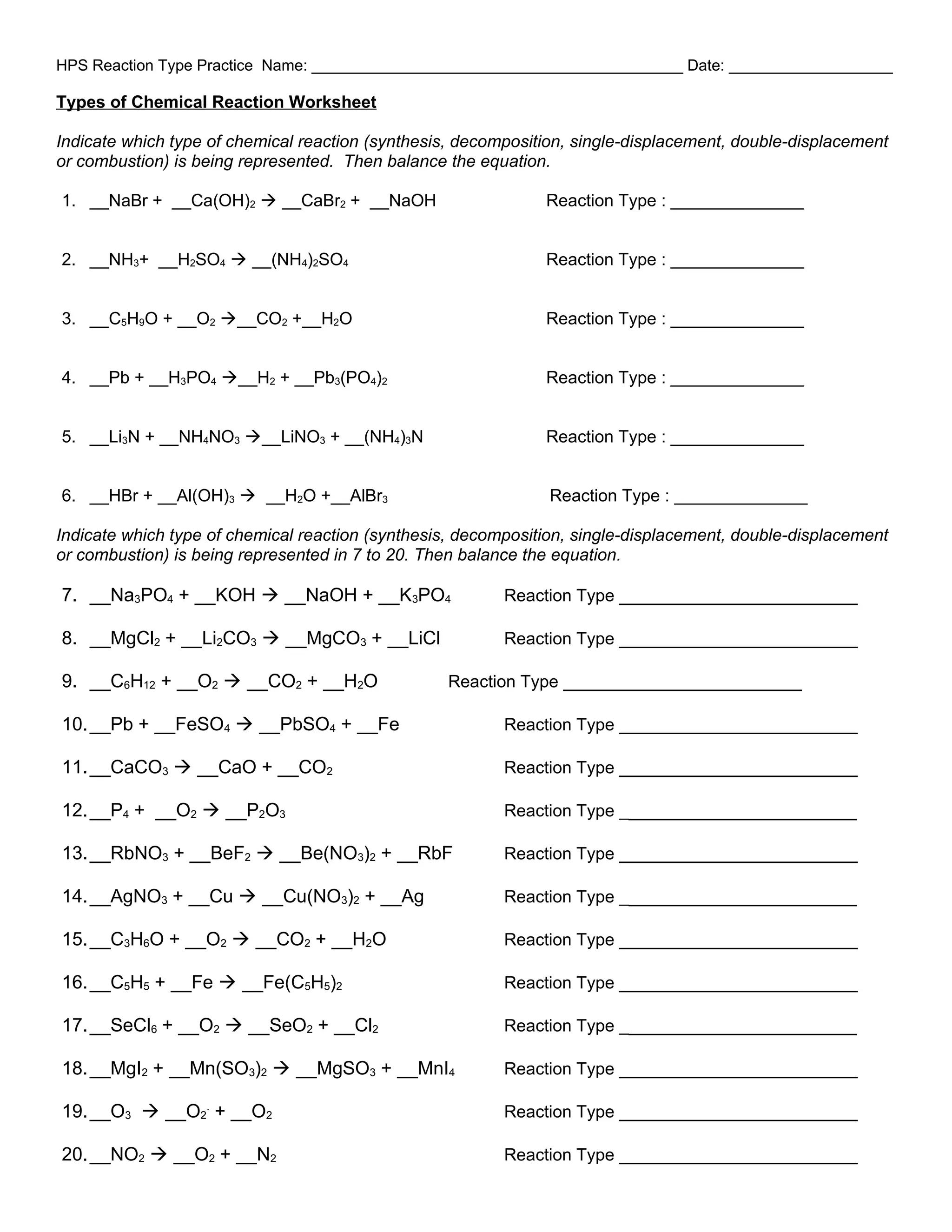 Chemical Reaction Worksheet for STEM Students.doc