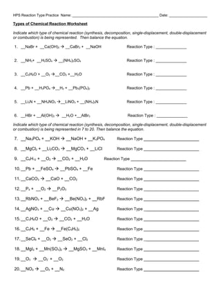 Chemical Reaction Worksheet for STEM Students.doc