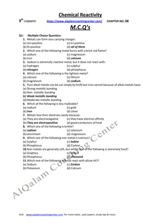Chemistry Notes For Class 9 Chapter [Chemical Reactivity ] | PDF