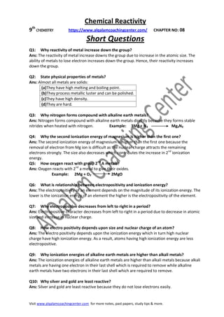Chemistry Notes For Class 9 Chapter [Chemical Reactivity ] | PDF
