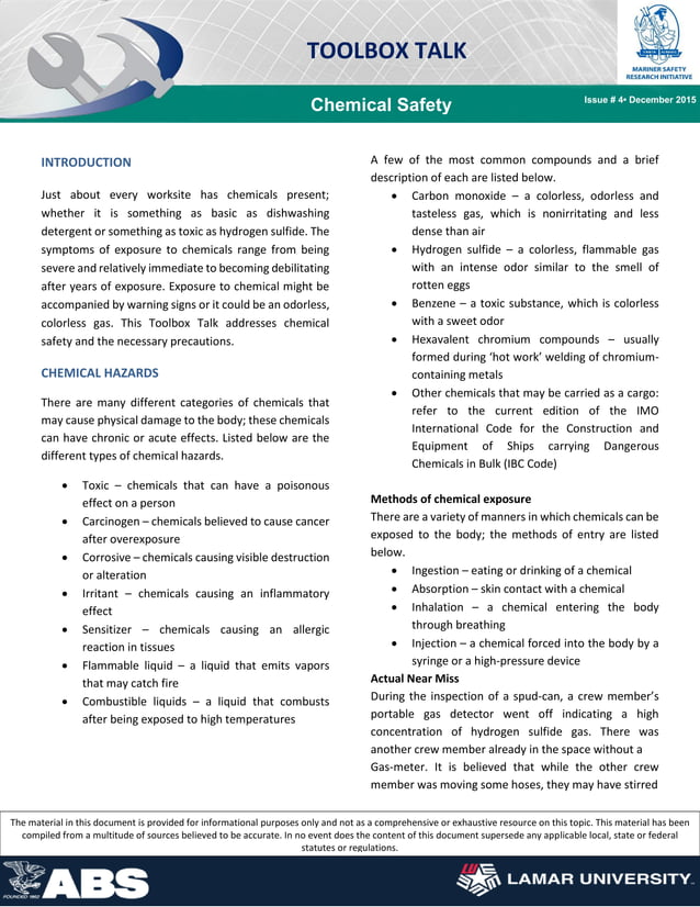 Chemical Safety Tool Box Talk. safety pdf ppt | PDF