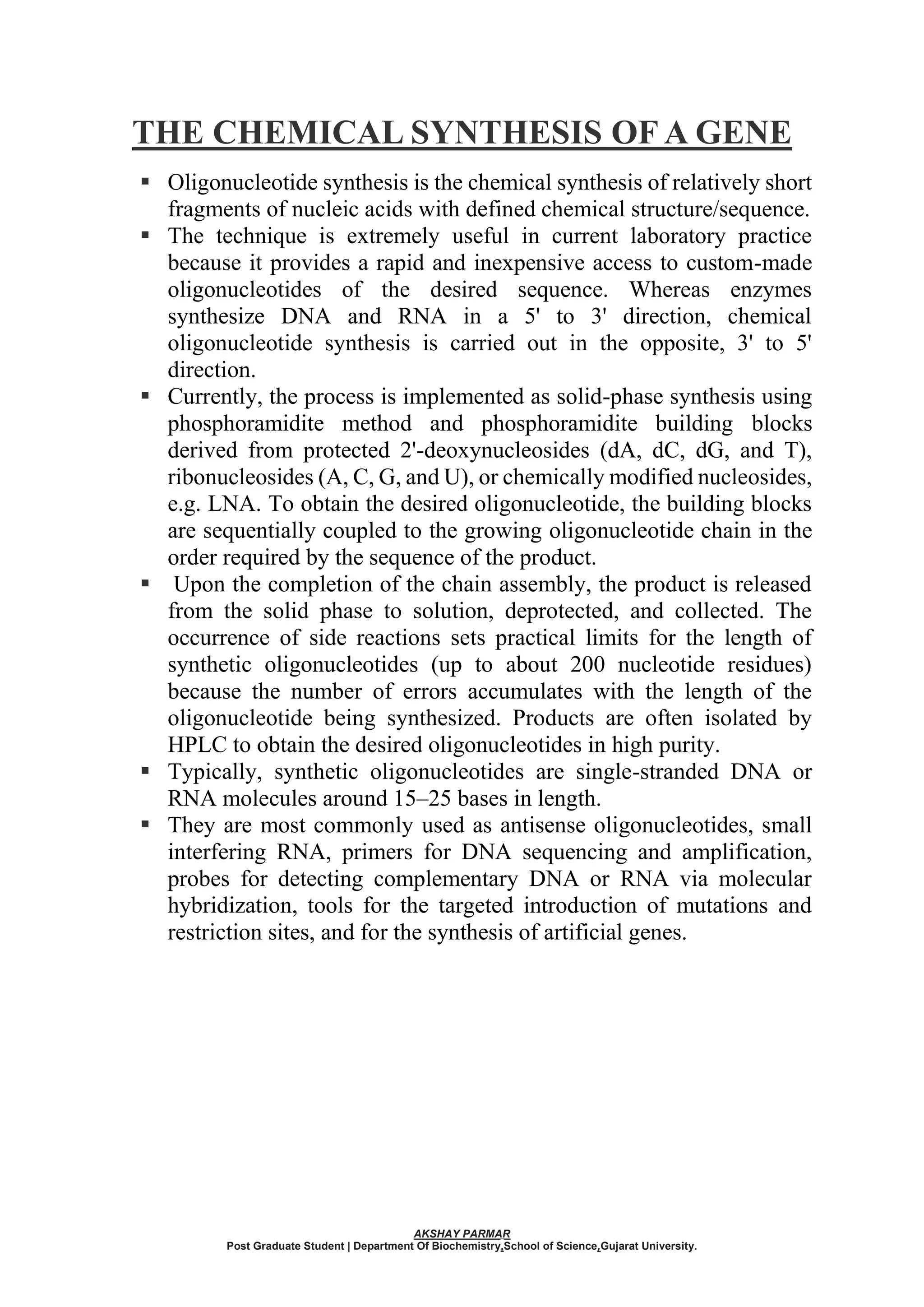 Chemical synthesis of genes | PDF