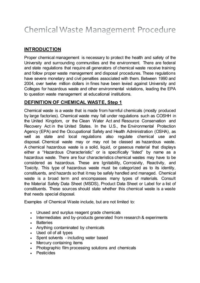 Chemical waste management | DOCX | Environmental Services Industry ...