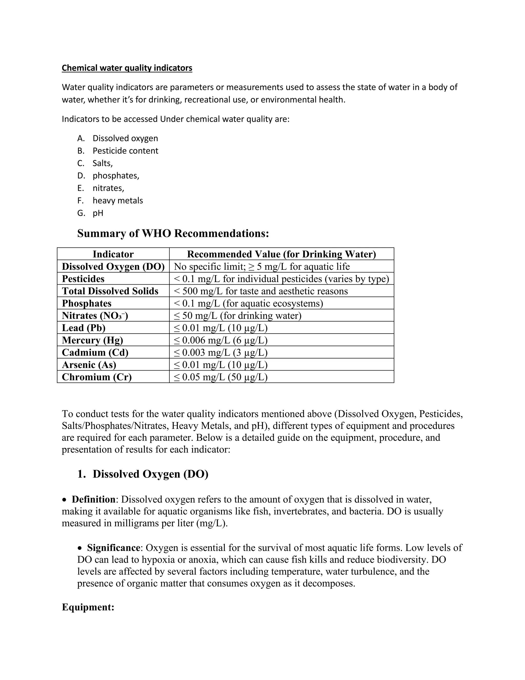 Chemical water quality indicators Water quality management | PDF