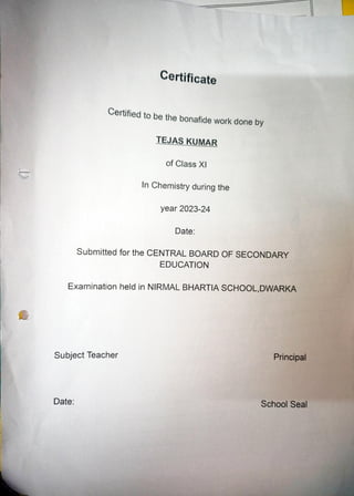 Chemistry Investigatory Project Class 11 | PDF