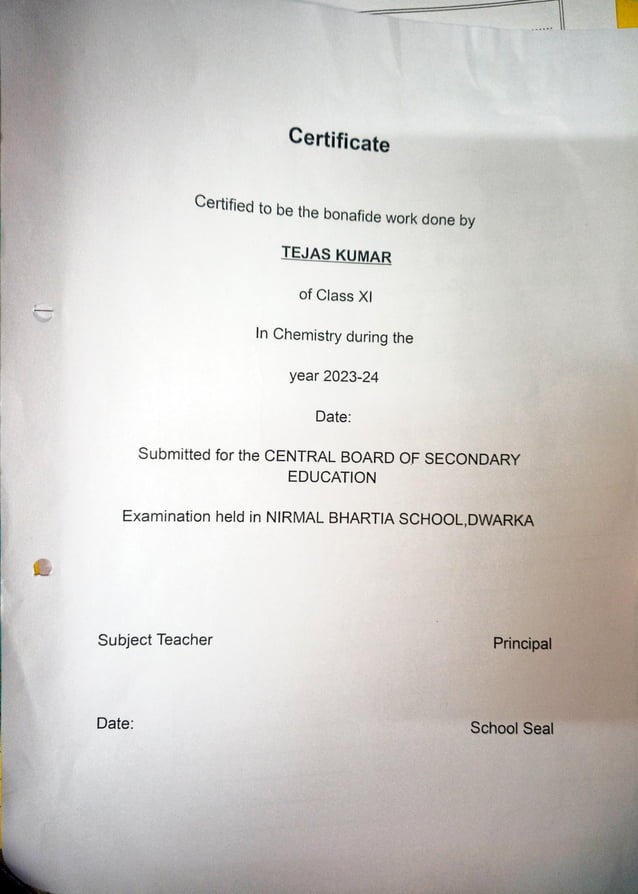 Chemistry Investigatory Project Class 11 | PDF