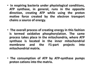 Chemiosmotic regeneration of ATP during respiration, fo f1 model of ATpase & role in ATP ...