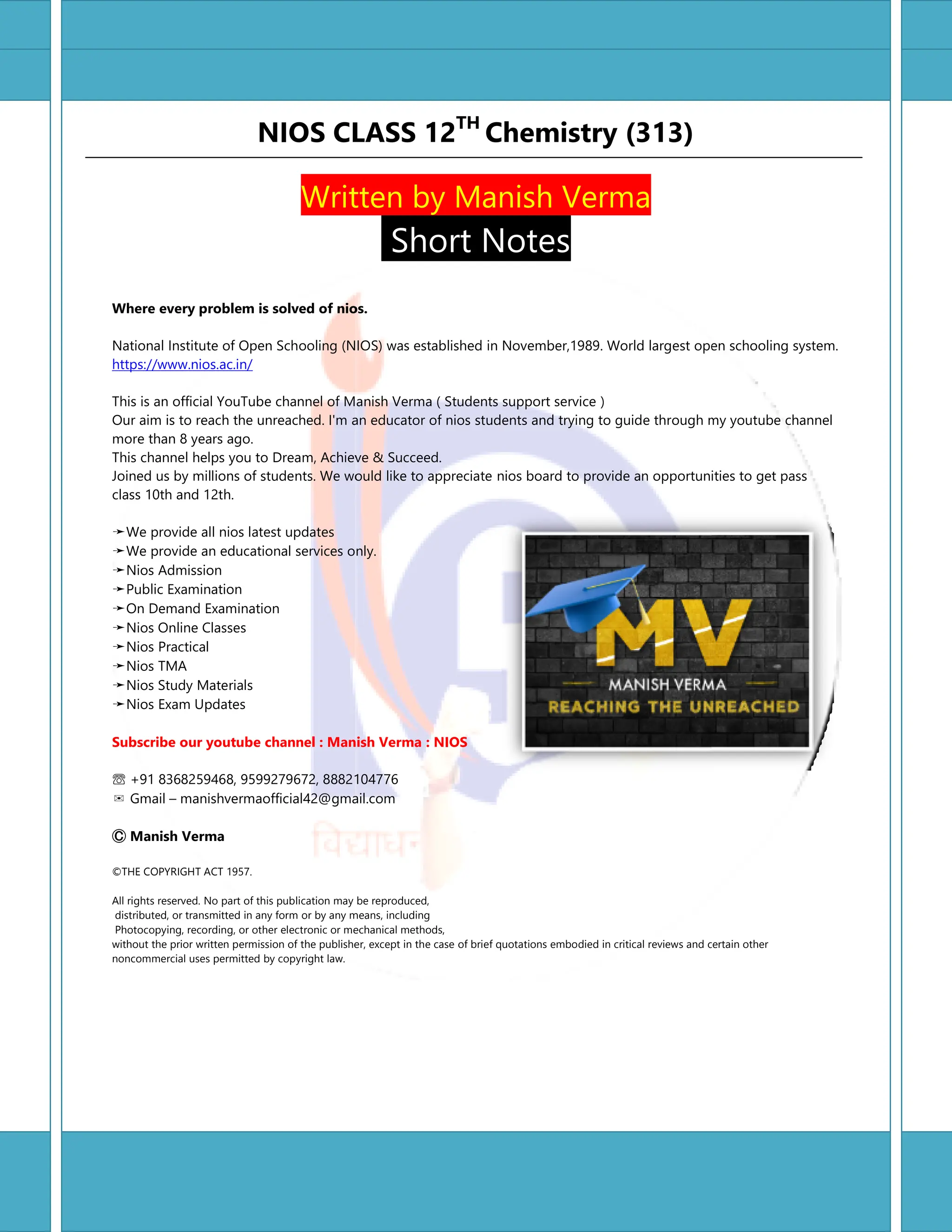 NIOS Class 12th Chemistry Notes || Class 12th || NIOS | PDF | Chemistry ...