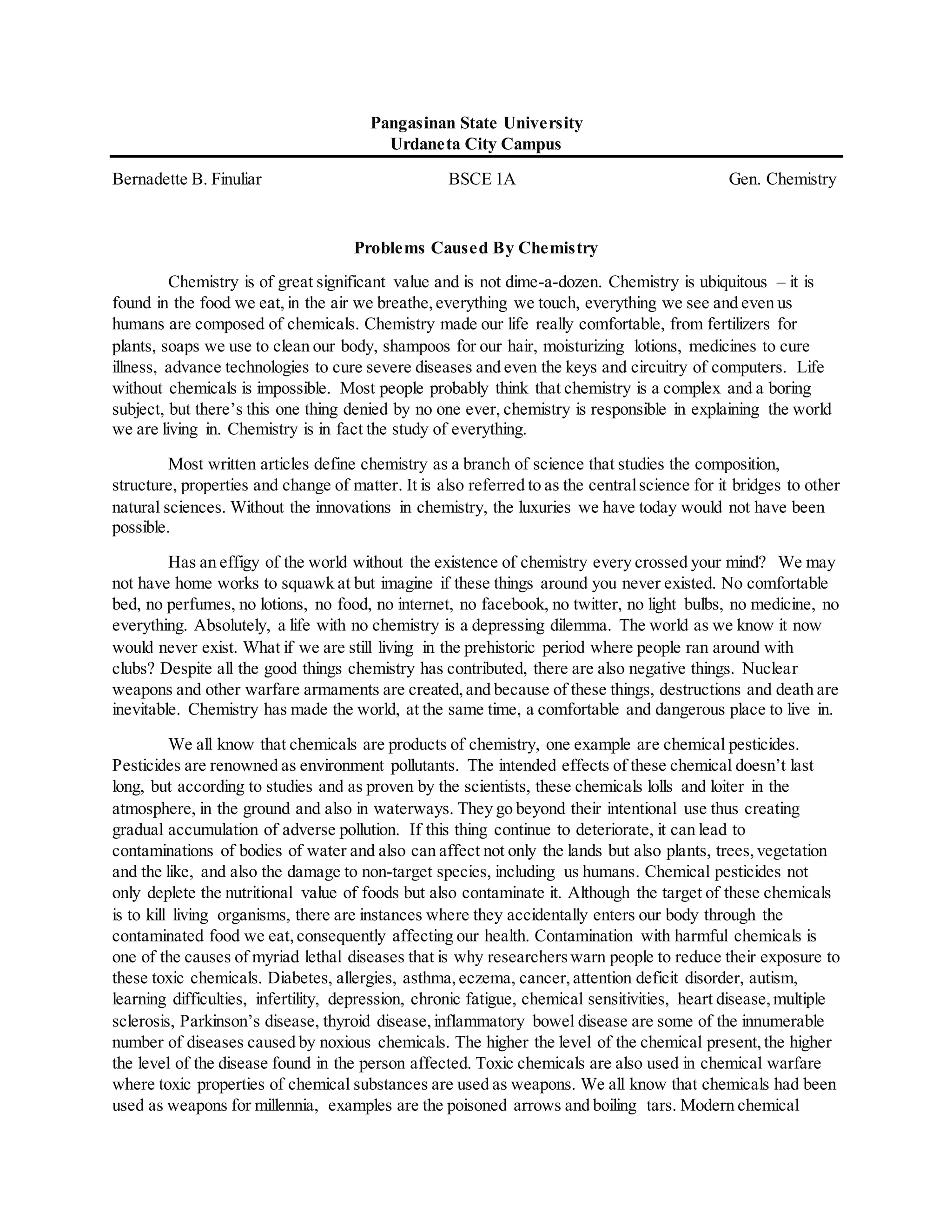 Problems Caused By Chemistry (Essay) | DOCX