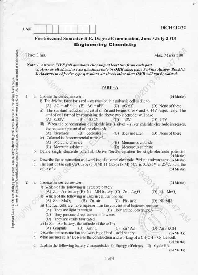 1st semester chemistry stream (2013-June) Question Papers | PDF