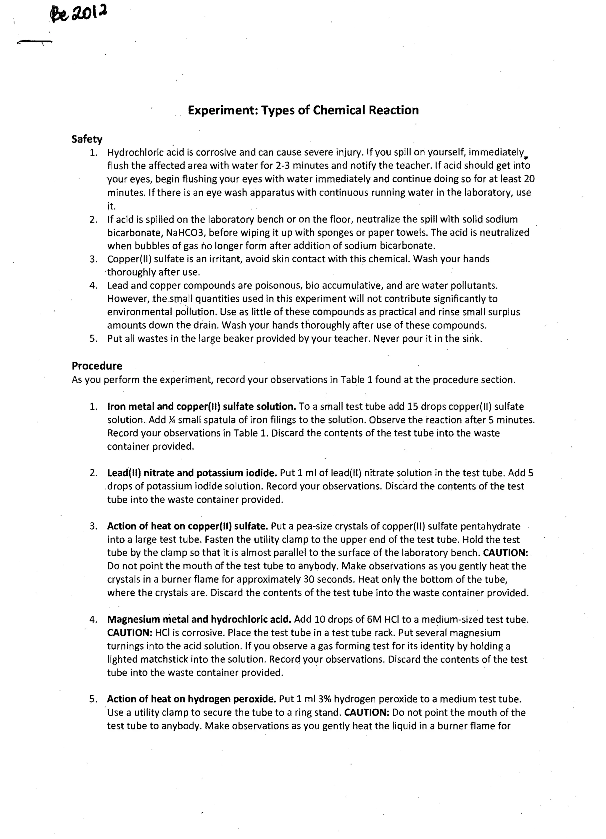 Chemistry 2 experiment 1 - types of chemical reactions | PDF