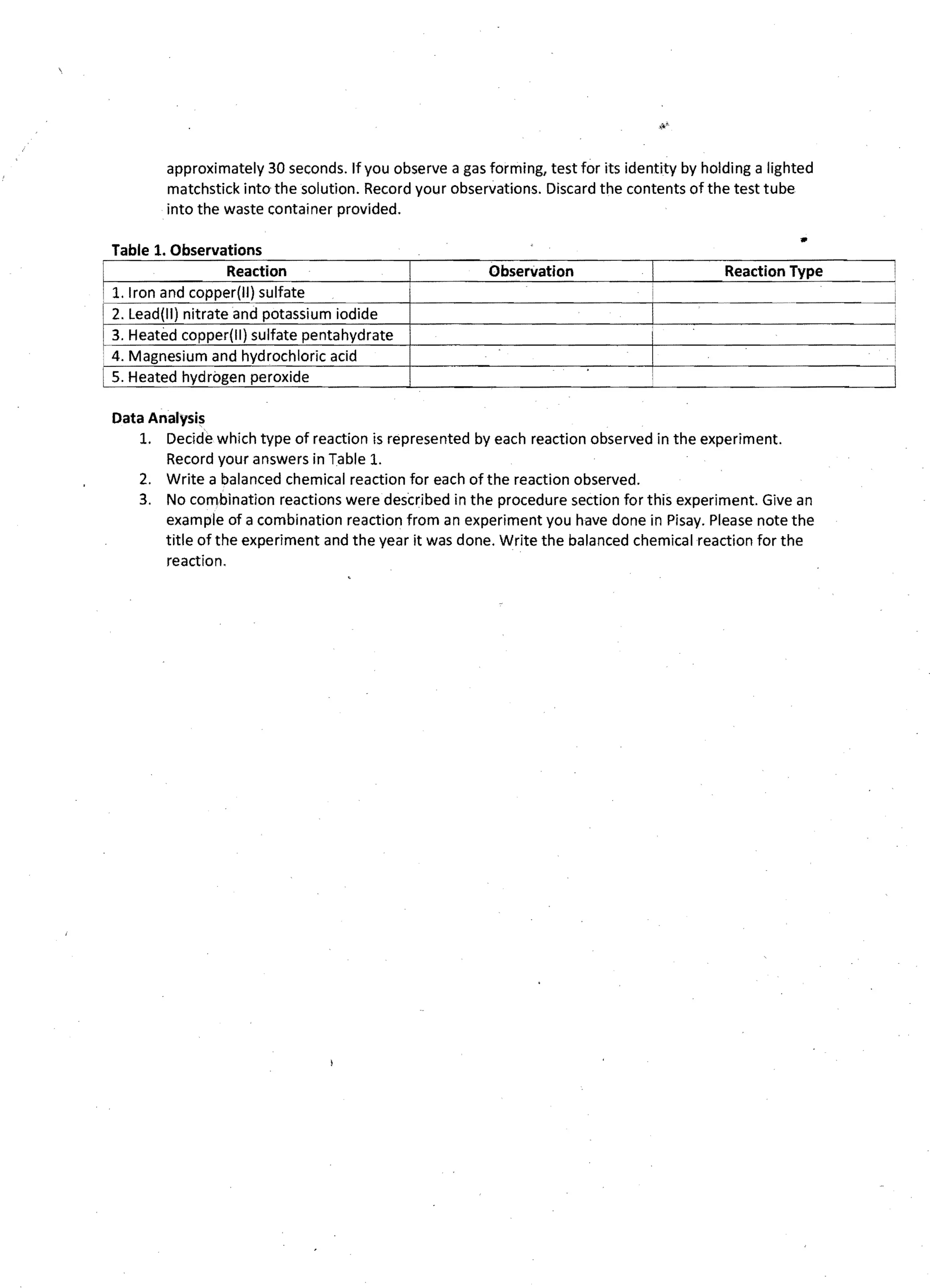 Chemistry 2 experiment 1 - types of chemical reactions | PDF
