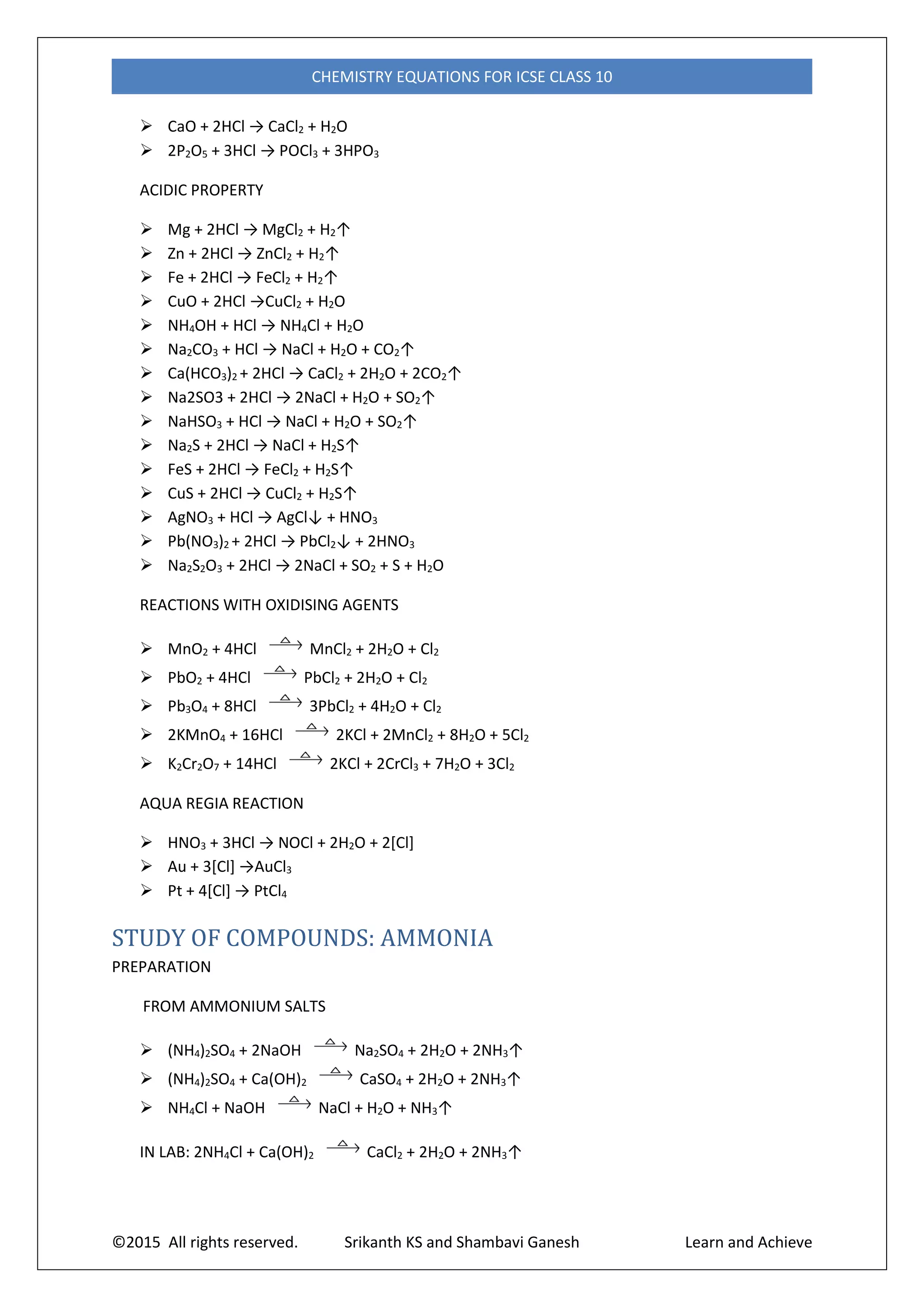 Chemistry equations for ICSE Class 10 | PDF