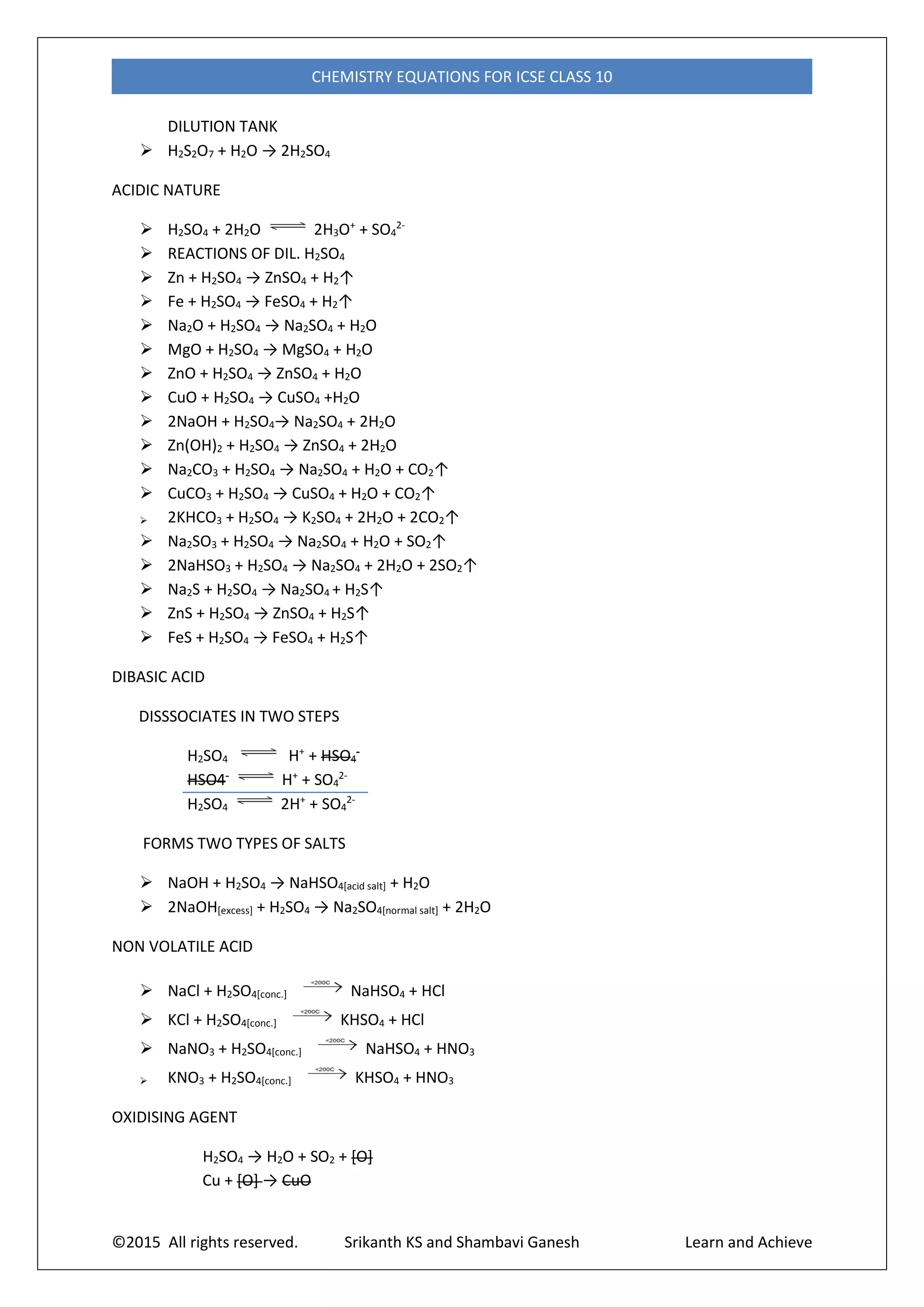 Chemistry equations for ICSE Class 10 | PDF