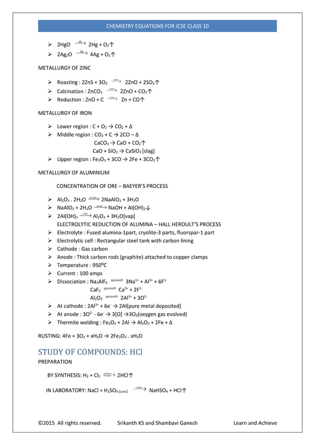 Chemistry equations for ICSE Class 10 | PDF