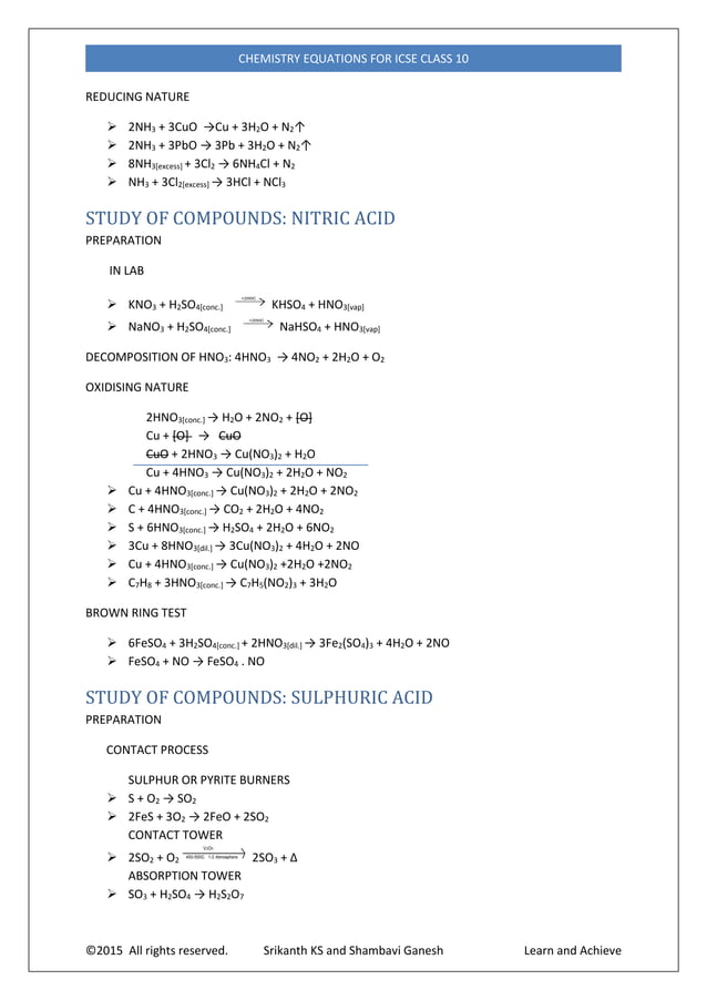 Chemistry equations for ICSE Class 10 | PDF