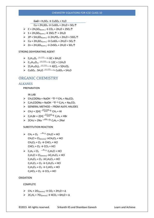 Chemistry equations for ICSE Class 10 | PDF