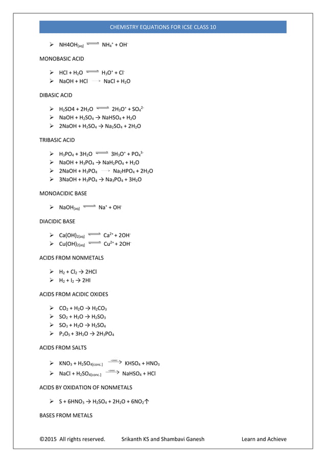Chemistry equations for ICSE Class 10 | PDF