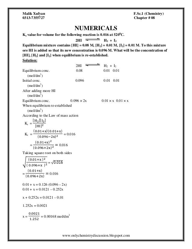 Chemistry (F.Sc.1) Chapter # 08 Numericals- Malik Xufyan | PDF