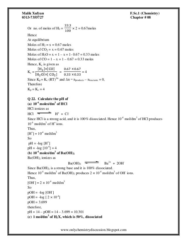 Chemistry (F.Sc.1) Chapter # 08 Numericals- Malik Xufyan | PDF