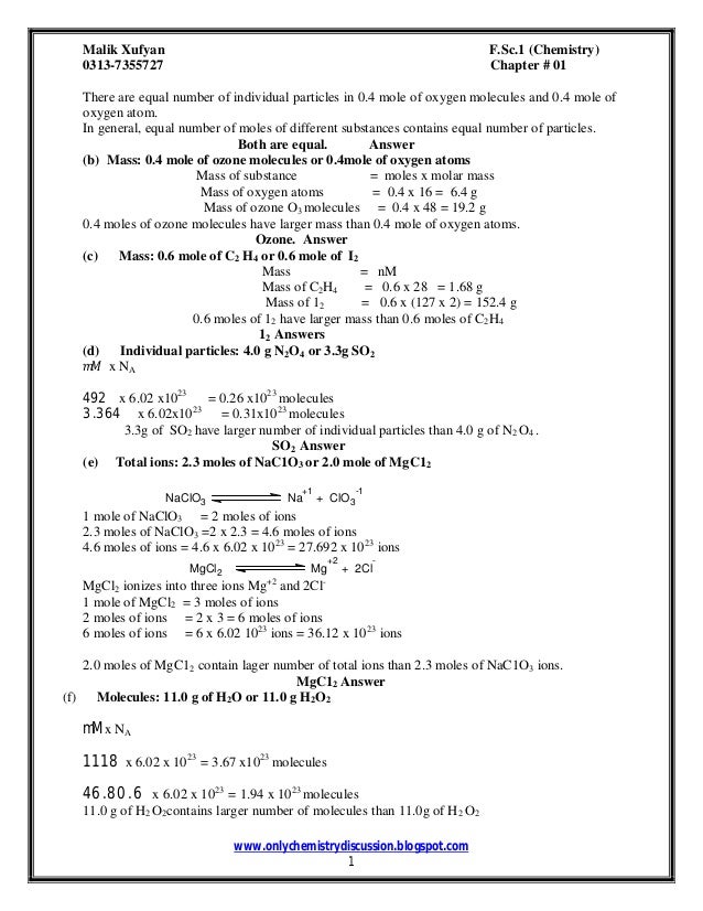 Chemistry (F.Sc.1) Chapter # 01 Numericals - Malik Xufyan | PDF