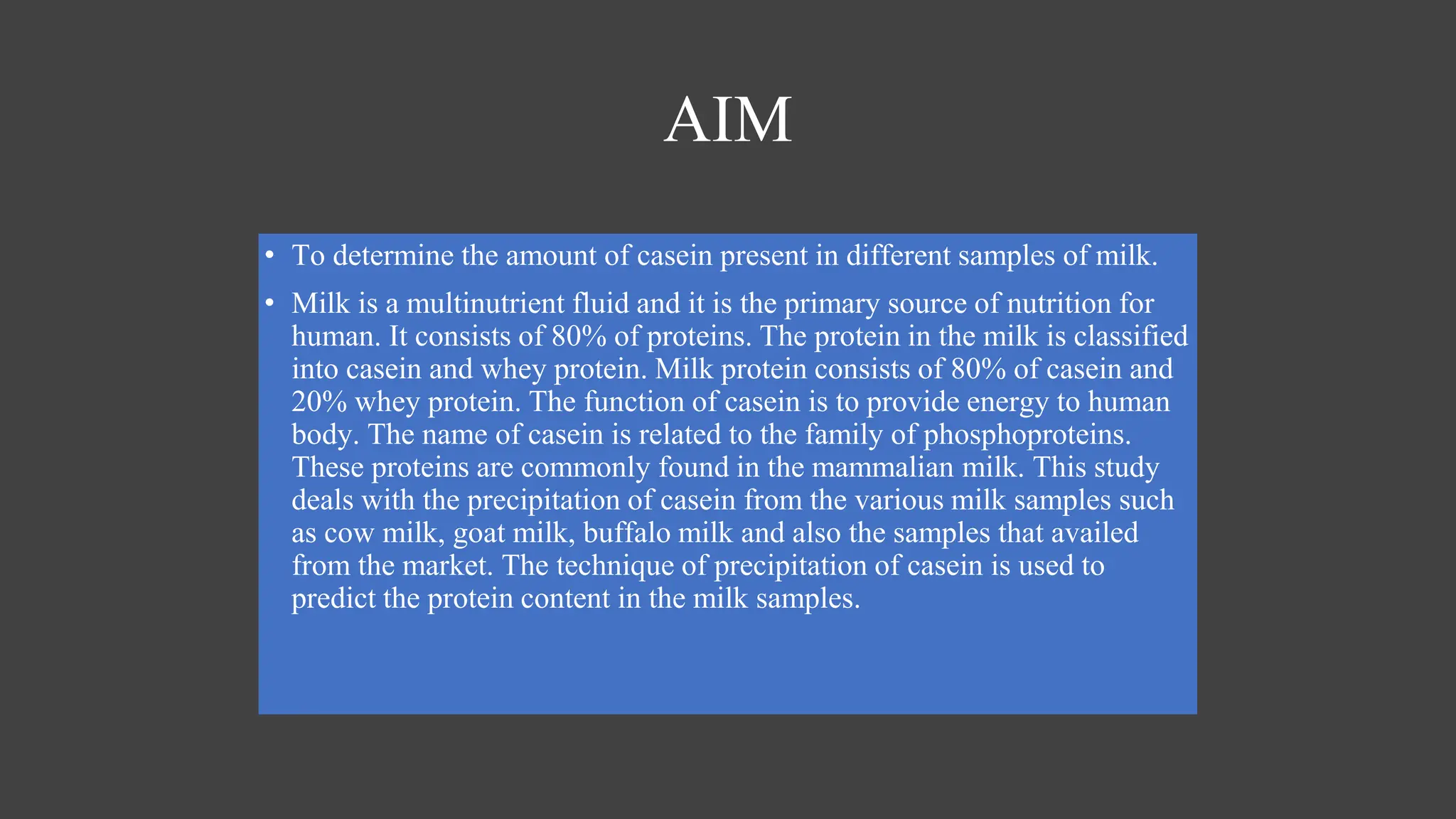 Casein in different samples of milk chemistry project | PPTX