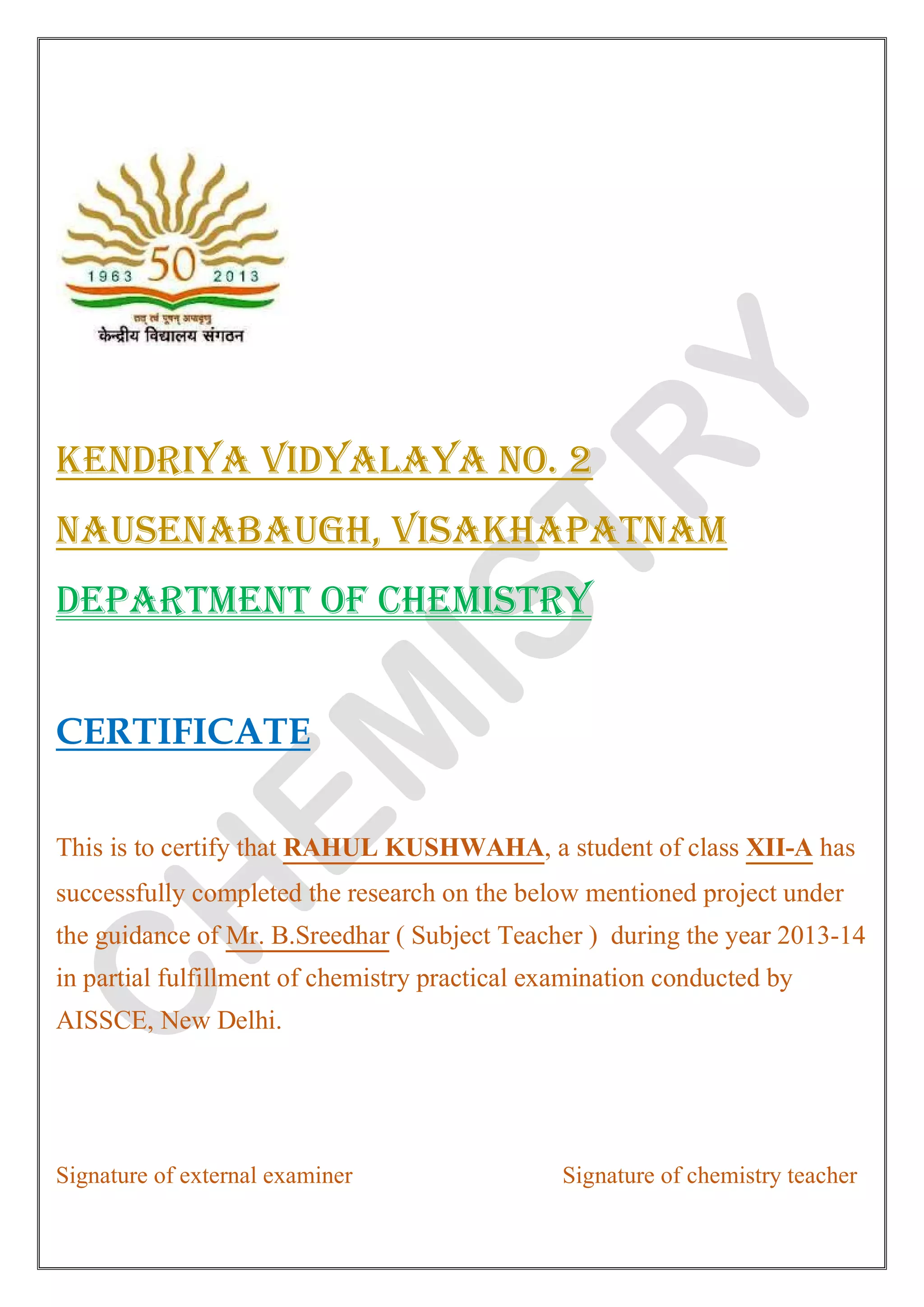 Chemistry Investigatory Project Class 12 | PDF