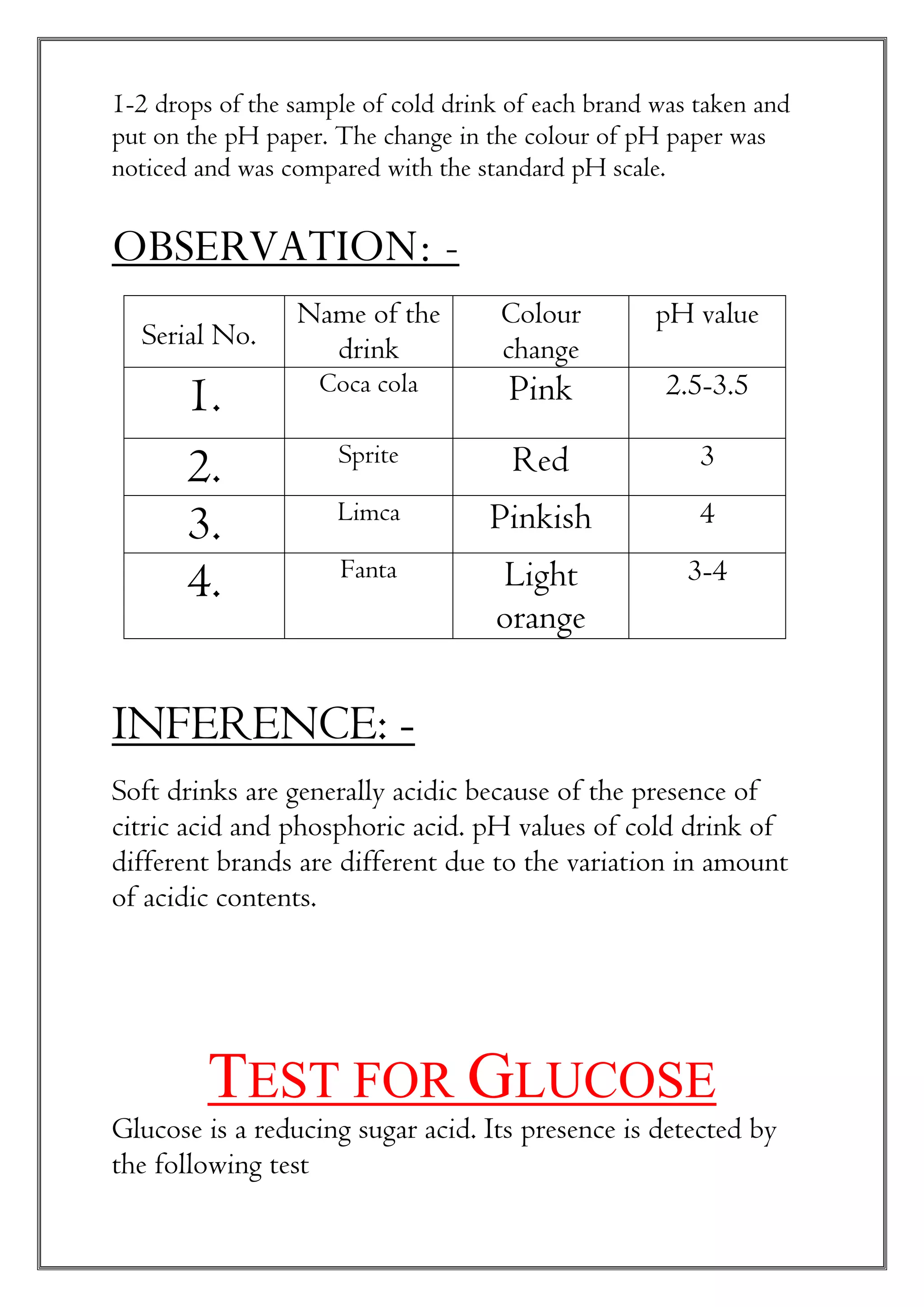 Chemistry Investigatory Project on content of cold drinks available in ...