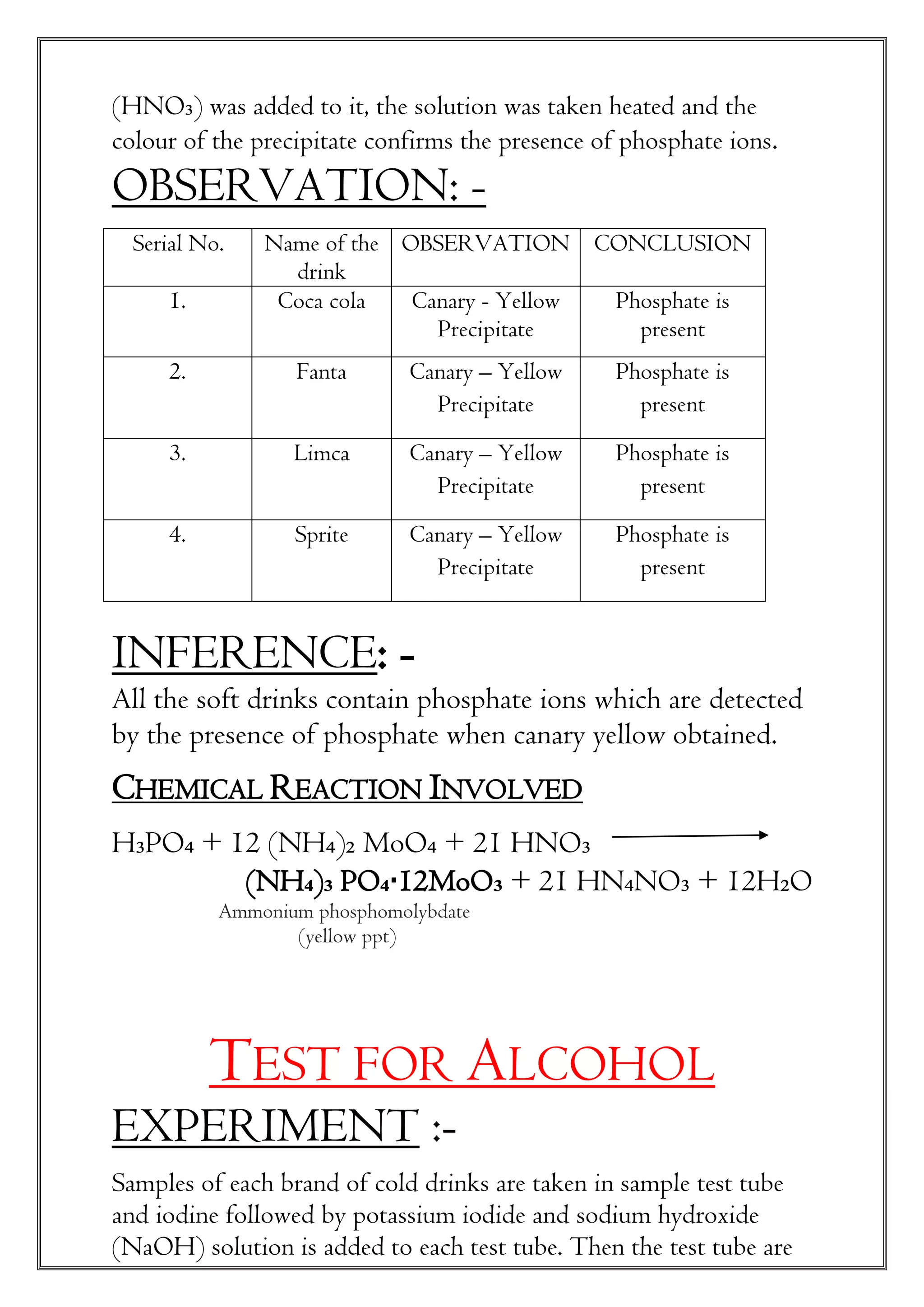Chemistry Investigatory Project on content of cold drinks available in ...