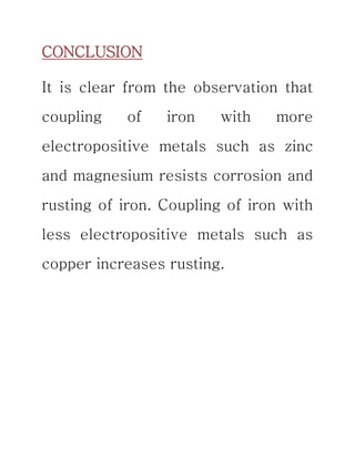 Chemistry Project on the effect of metal coupling on the rusting of ...