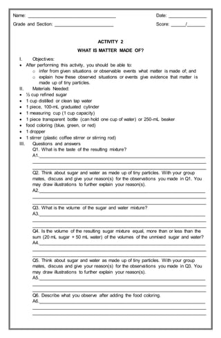 Activity Sheet on Chemistry 8 Module 1 | PDF