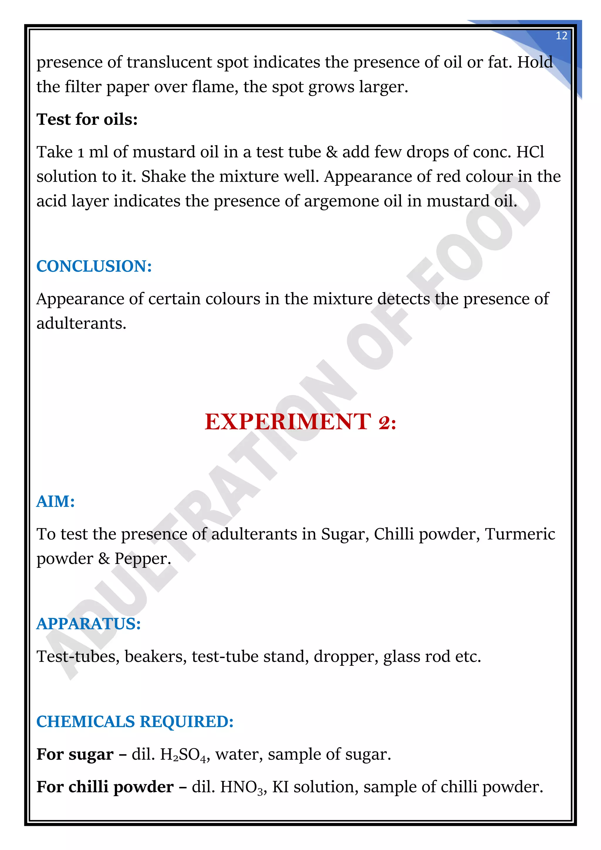 "Adulteration of food" -Chemistry investigatory poject (class 12) | PDF