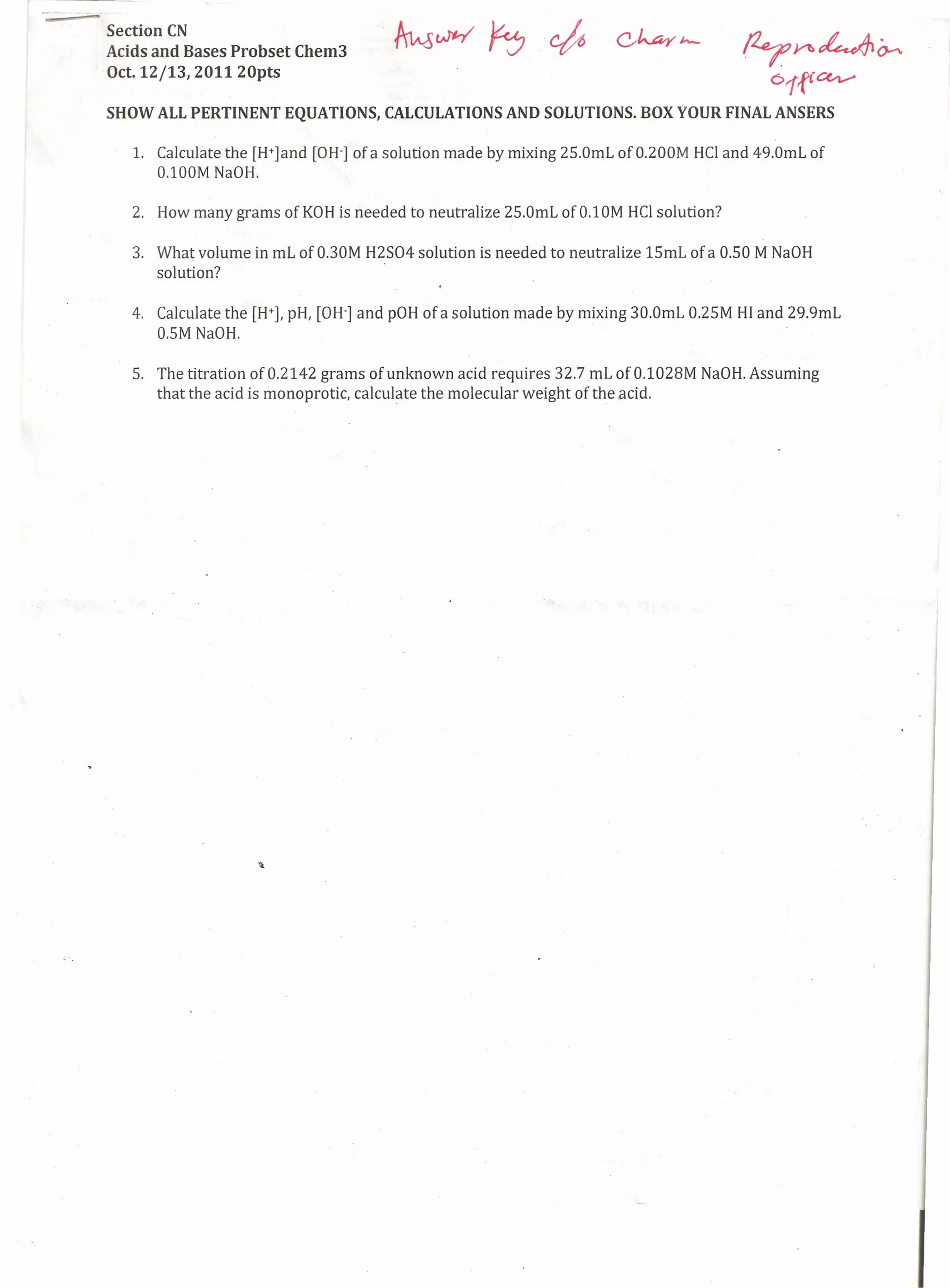 Chemistry Problem Set | PDF