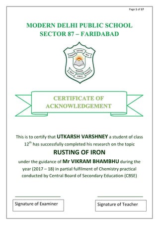 12th CHEMISTRY PROJECT - RUSTING OF IRON | PDF