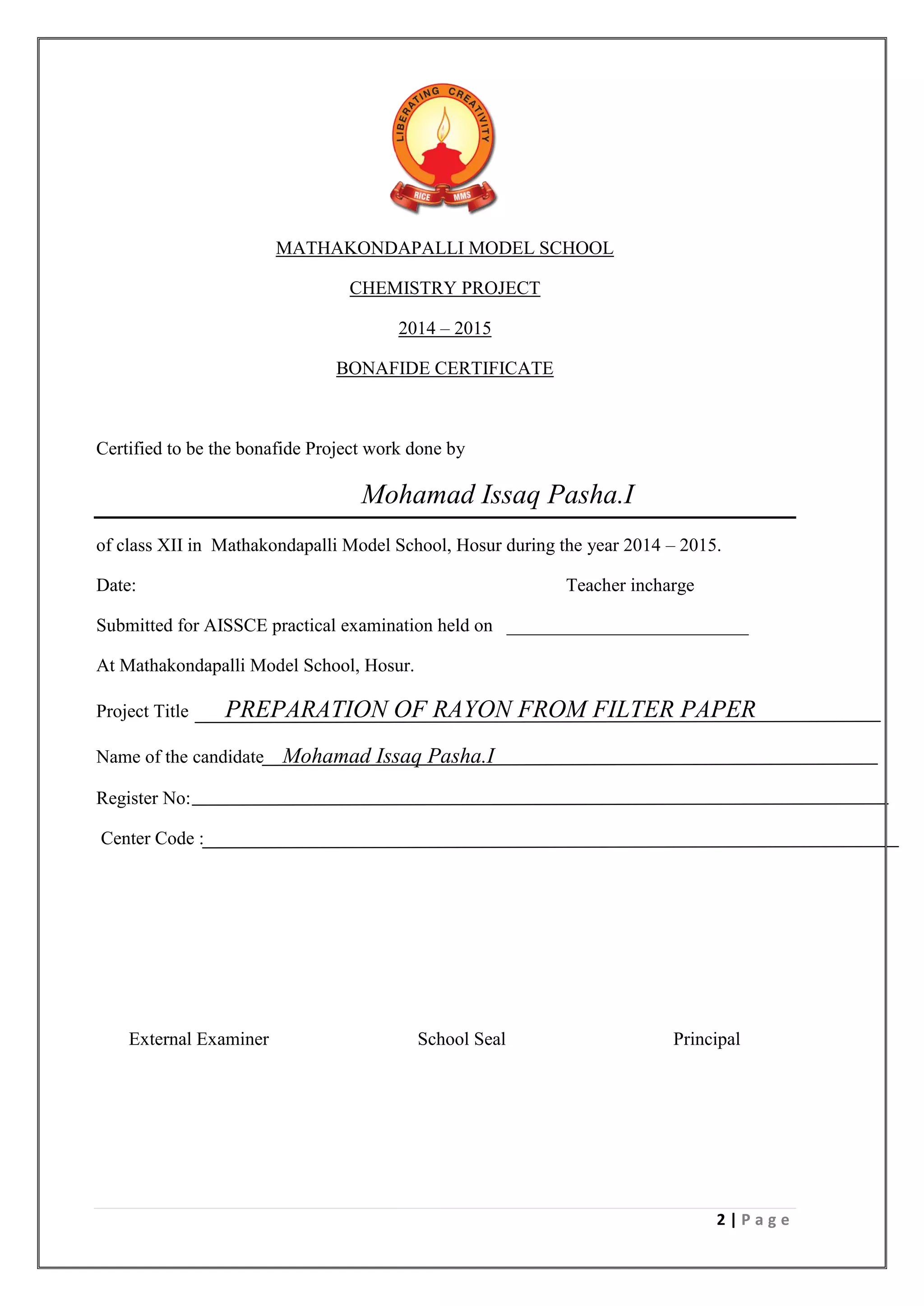 Chemistry project PREPARATION OF RAYON FROM FILTER PAPER | PDF